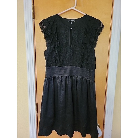 bebe | Dresses | Bebe Black Floral Lace Cap Sleeve Exposed Back Silver ...